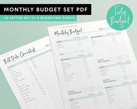 Monthly Budget US Letter PDF Set of 5 Worksheets Zero Based | Etsy