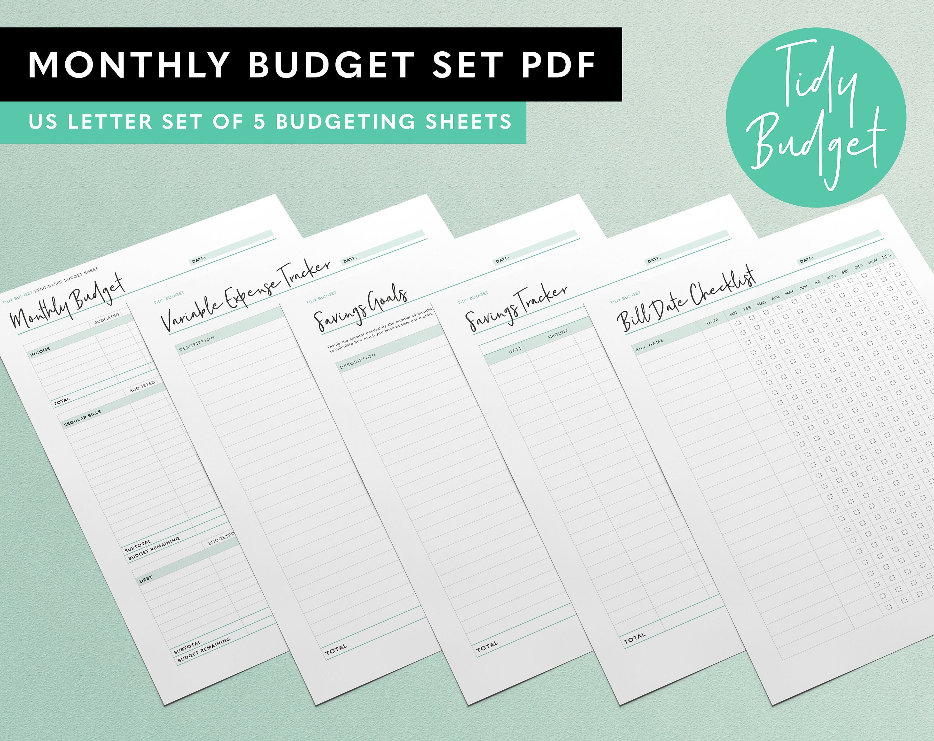 Monthly Budget US Letter PDF Set of 5 Worksheets - Zero Based Budgeting ...