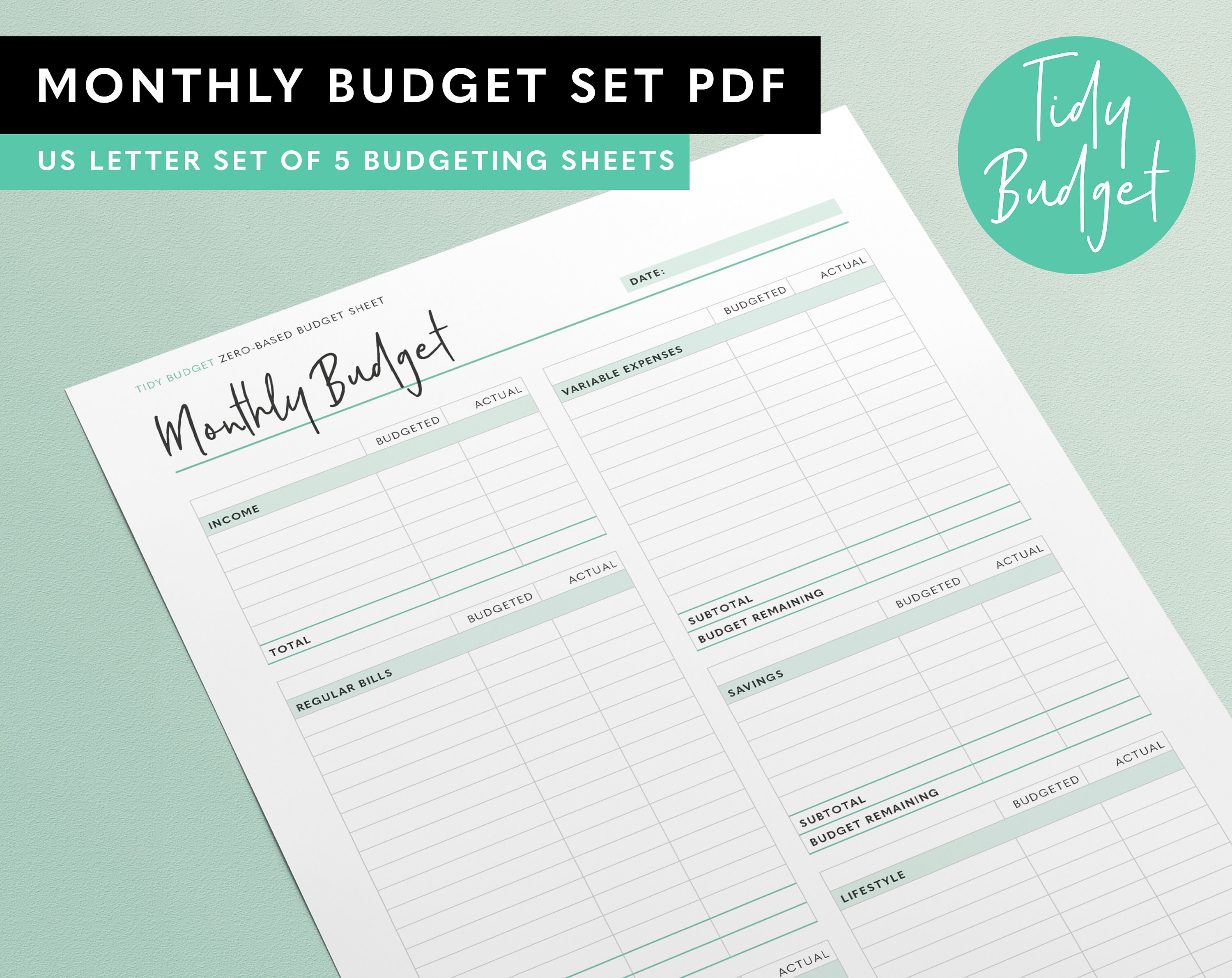Monthly Budget US Letter PDF Set of 5 Worksheets - Zero Based Budgeting ...
