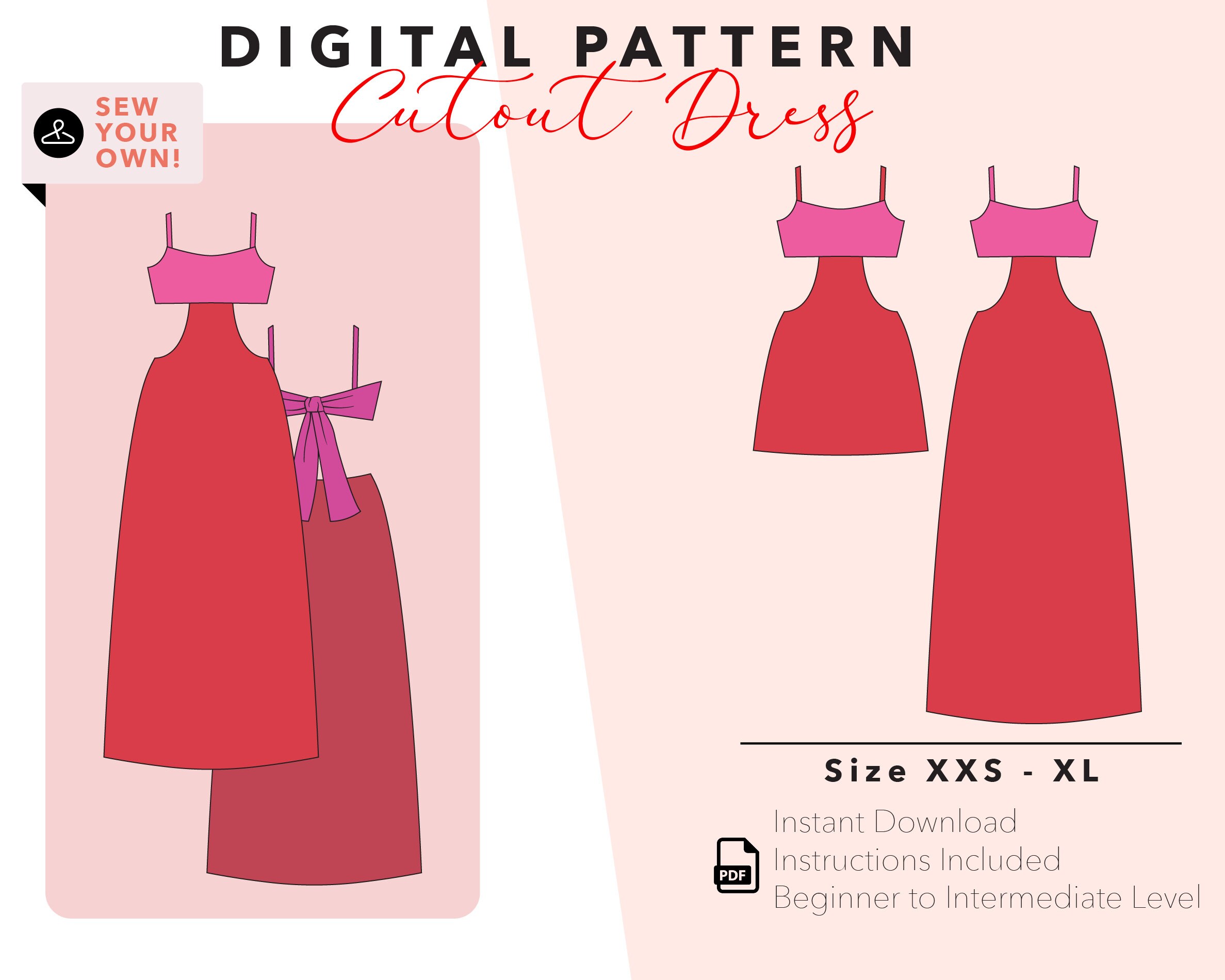 Cutout Dress / 3 Lengths Mico, Mini & Maxi Length / Digital PDF Sewing Pattern / Size XXS-3XL ...