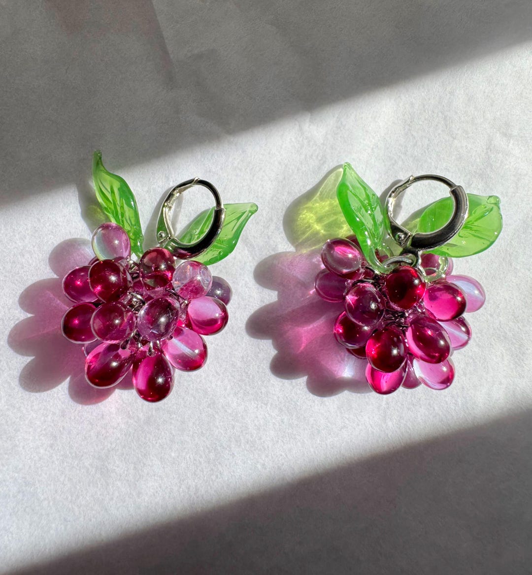 Berries Huggie Hoop Earrings: Sterling Silver, Pink Czech Glass Fruit ...