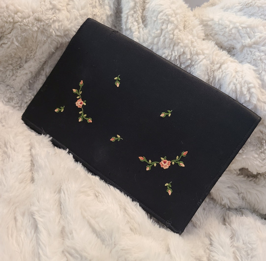 Denise Francelle Paris Black Satin and Floral Tambour Clutch, 1960s - Etsy