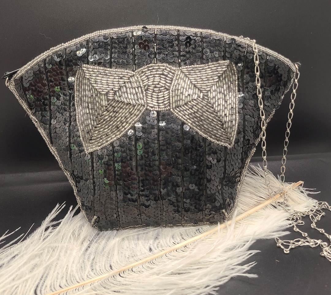 Stunning Vintage Black Sequin and Beaded Silver Bow Evening Bag, 1980s ...
