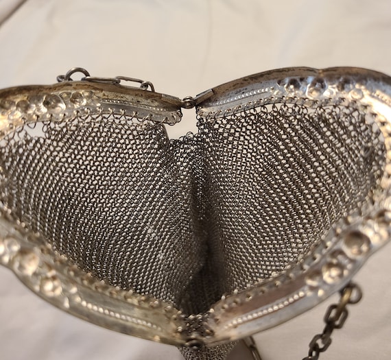Antique German Ornate Metal Mesh Chain Purse - Gem