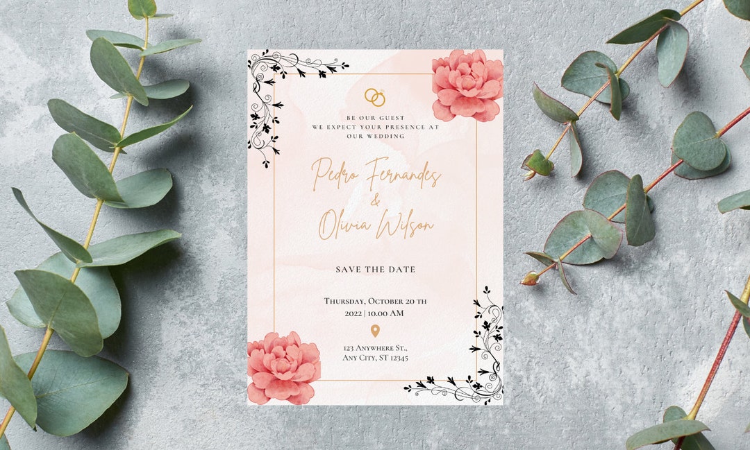 Floral Wedding Invitation Suite Template, Pink Simple Flower Wedding ...