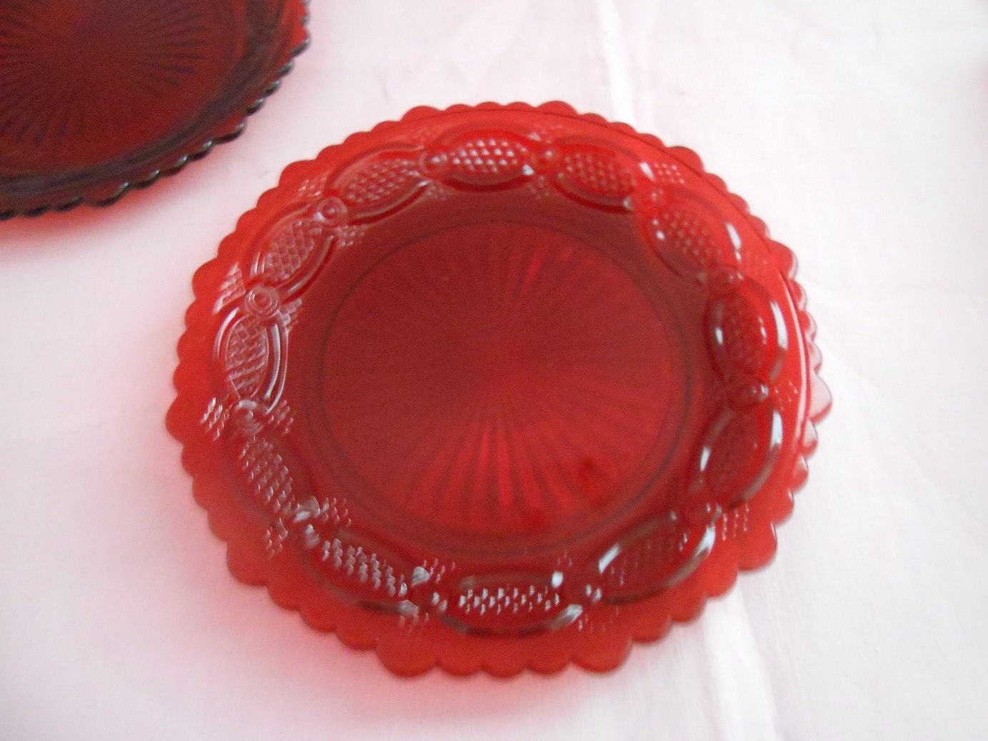 Pair 1876 Cape Cod Avon Ruby Red Glass Roman Rosette Dessert Salad ...