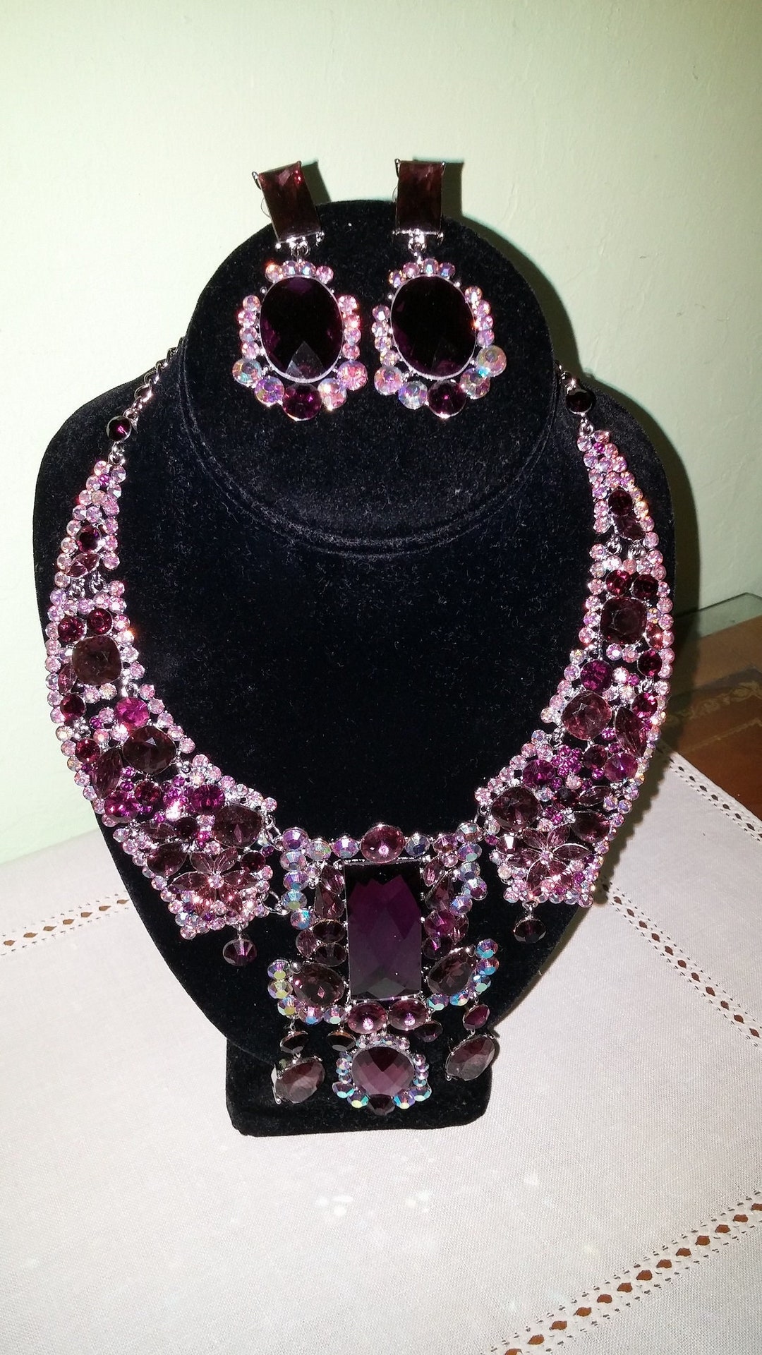 Purple Faux Amethyst Aurora Borealis Crystals Runway Necklace ...