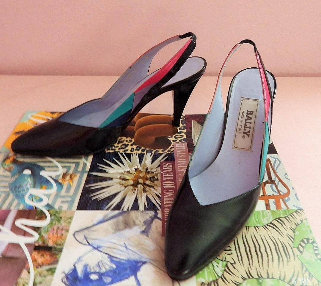 Bally Made in Italy Black Leather Slingback Womens High Heels Shoes Sz ...