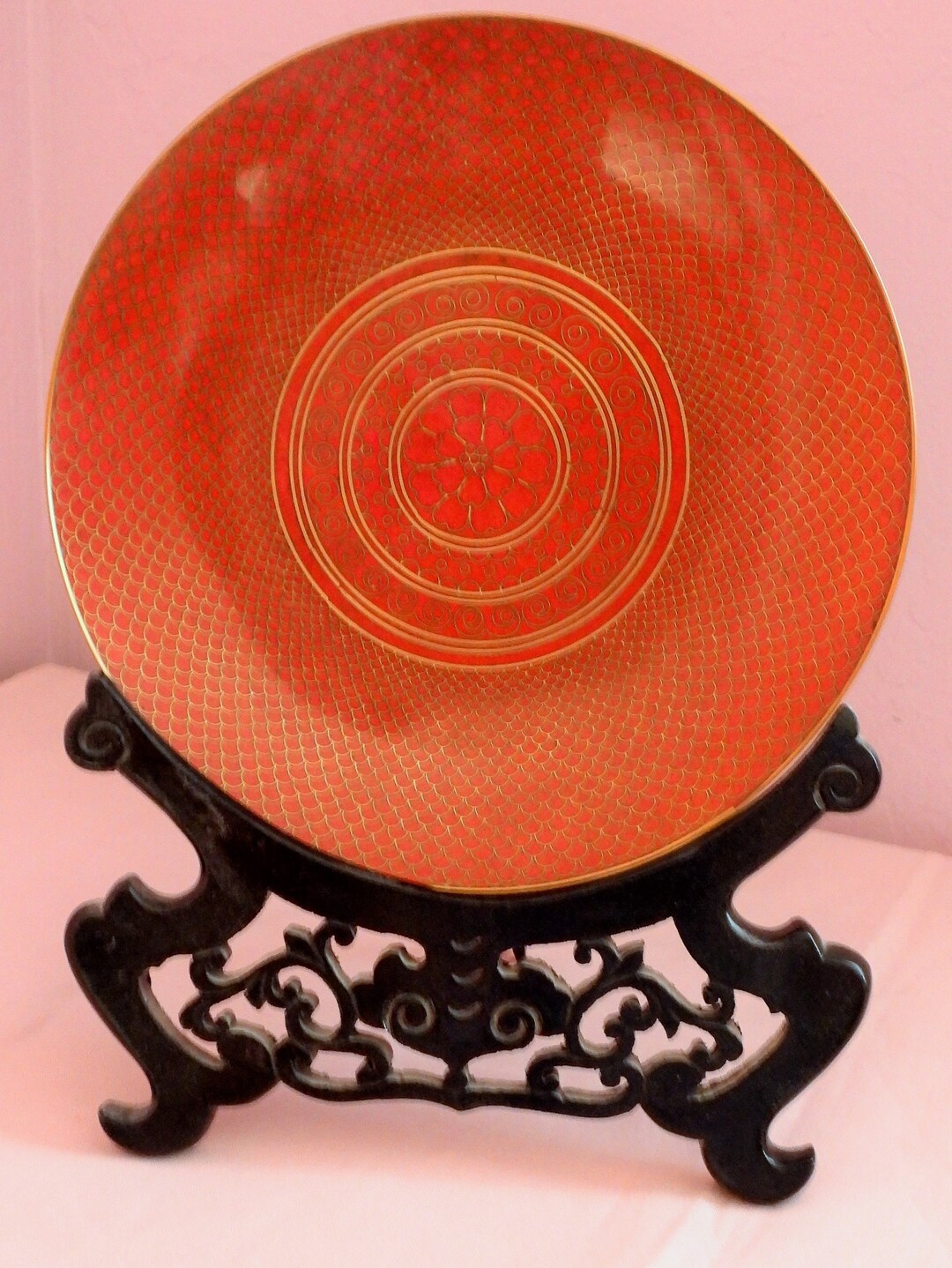 Jingfa Chinese Cloisonne Red & Turquoise Decorative Plate Display Stand ...