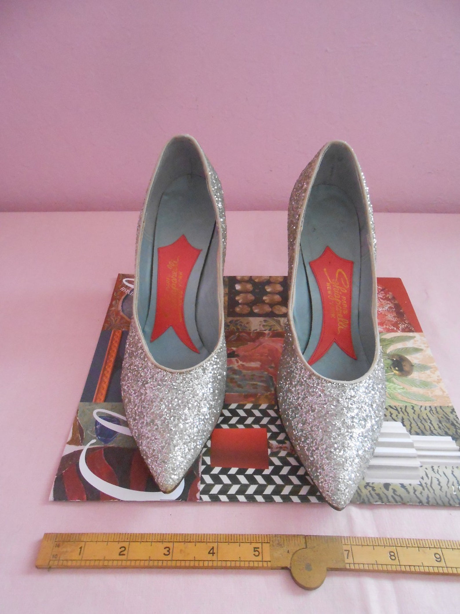 Schiaparelli Silver Glitter Stiletto High Heels Paris NY Vintage 1950s ...