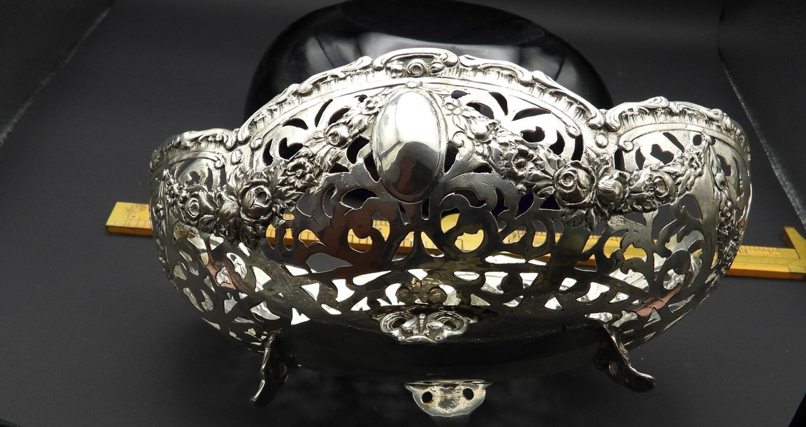 Antique German 800 Fine Silver Rococo Fretwork Cobalt Glass Serving ...