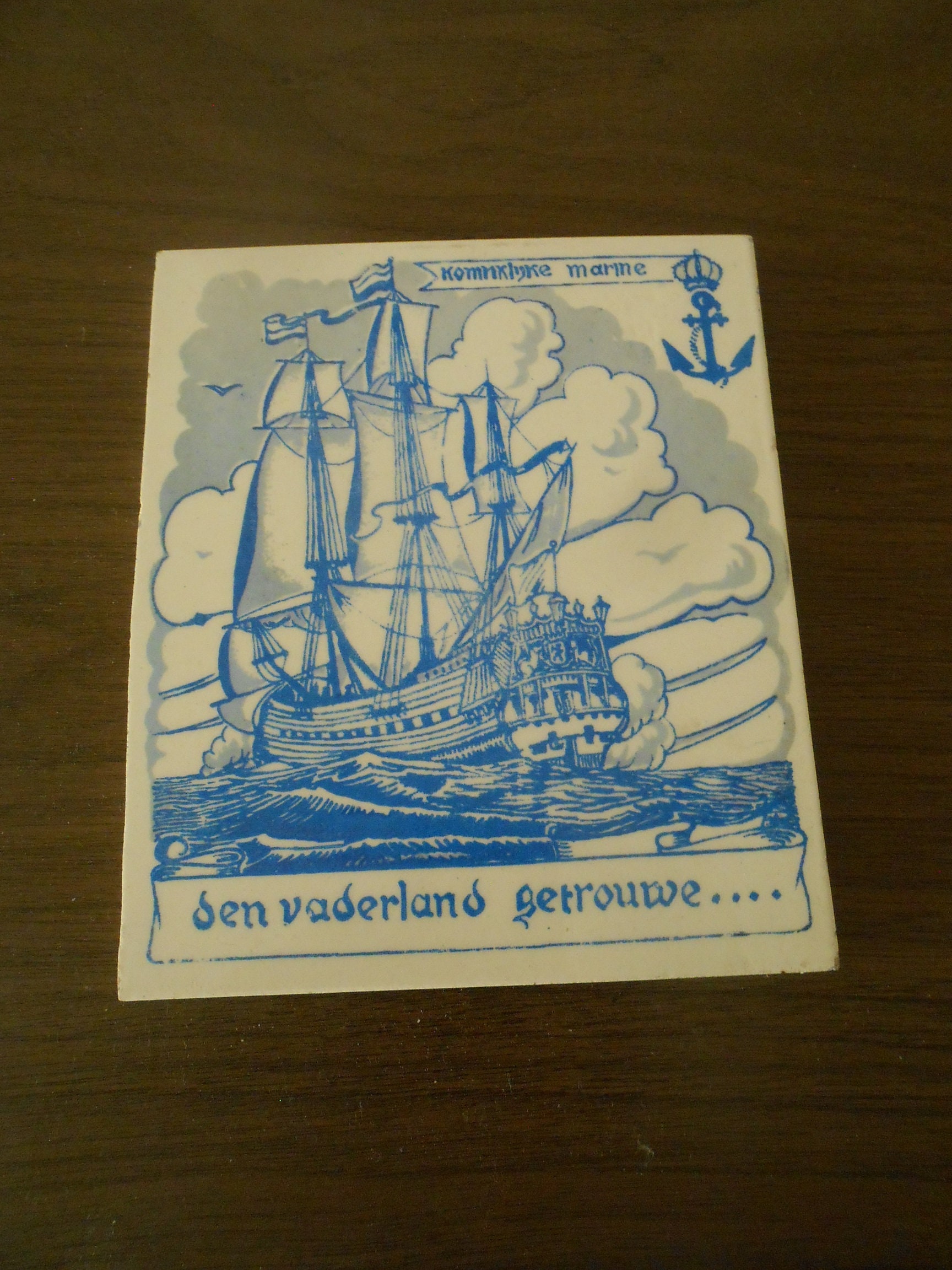 Antique Dutch Royal Navy Sailing Ship Delft Blue & White Tile Sphinx ...