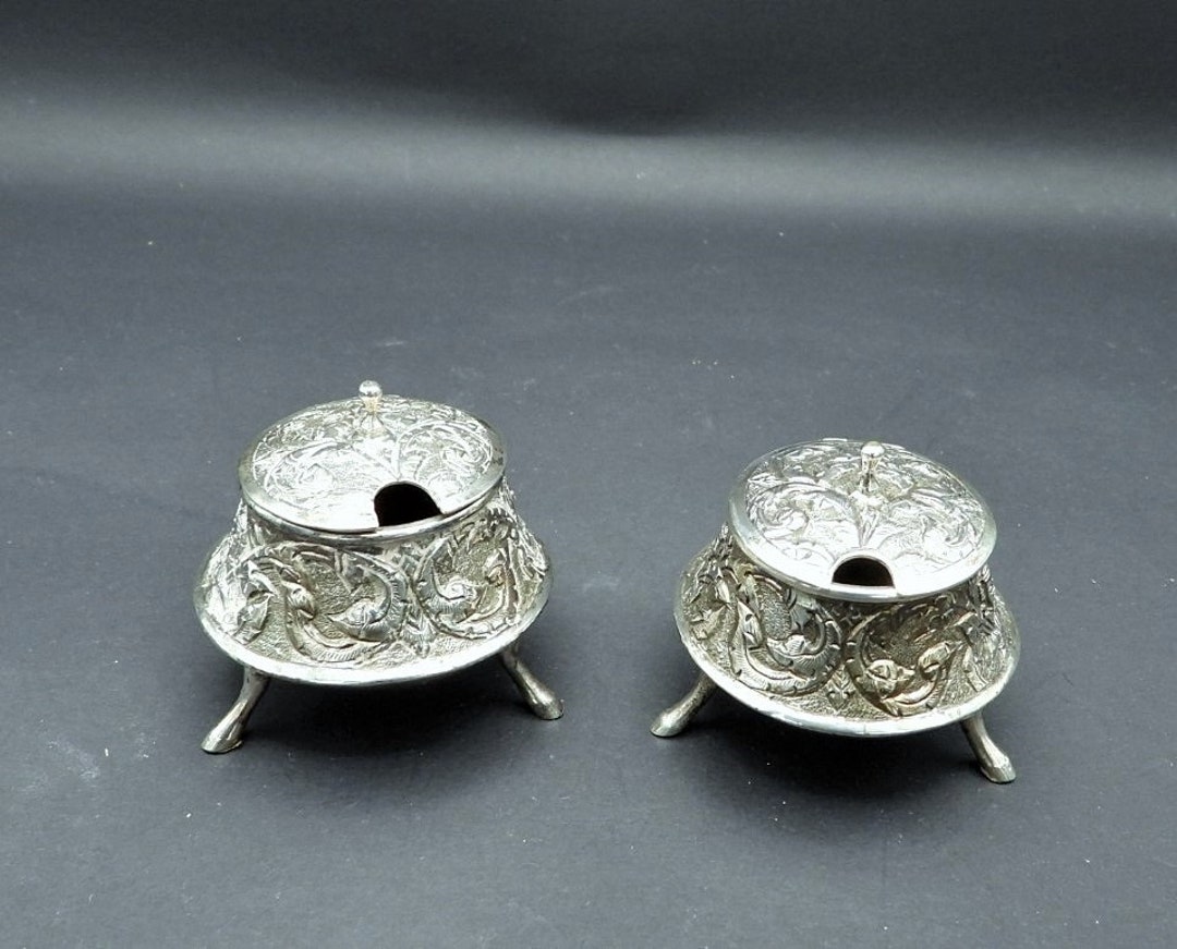 Antique S E Asia Silver Praying Buddha Repousse Covered Salt Cellars ...