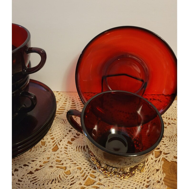 Vintage Royal Ruby Anchor Hocking Teacups & Saucers Set of 10 Red Glass ...