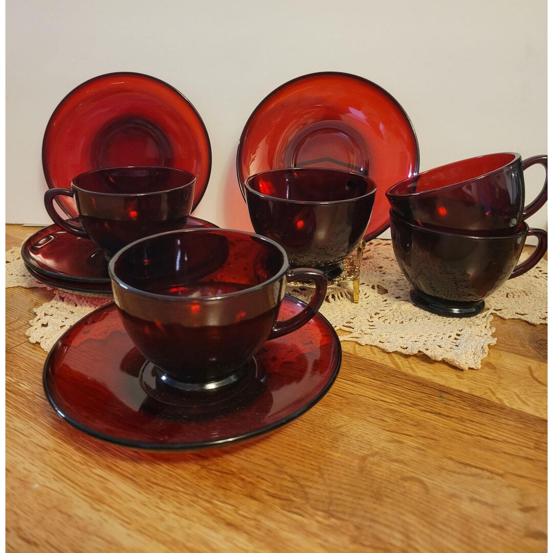 Vintage Royal Ruby Anchor Hocking Teacups & Saucers Set of 10 Red Glass ...