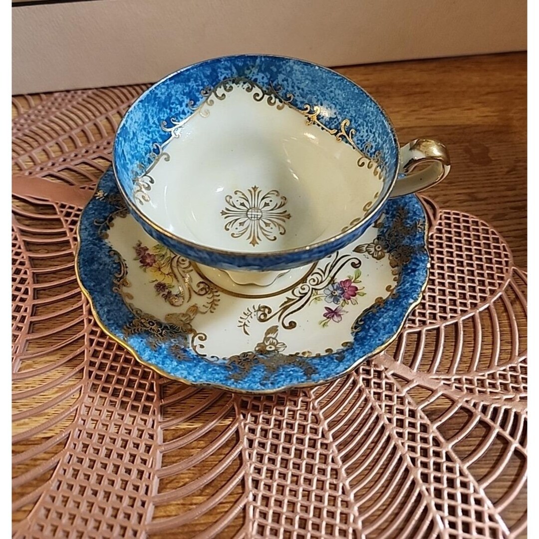 Saji Fancy Fine China Turquoise Blue & Gold Wide Footed Cup Saucer Set ...