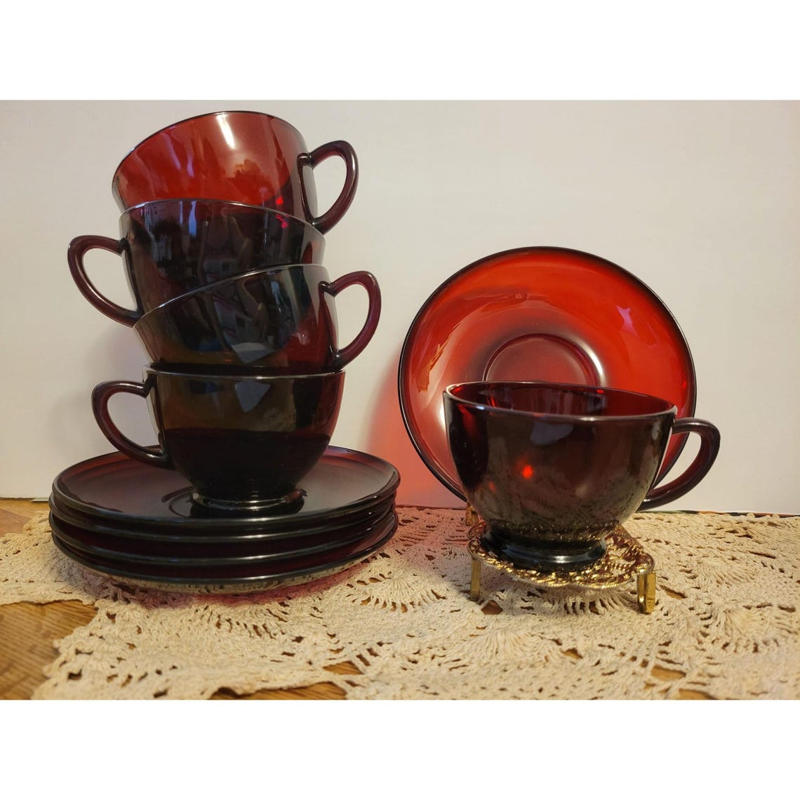 Vintage Royal Ruby Anchor Hocking Teacups & Saucers Set of 10 Red Glass ...