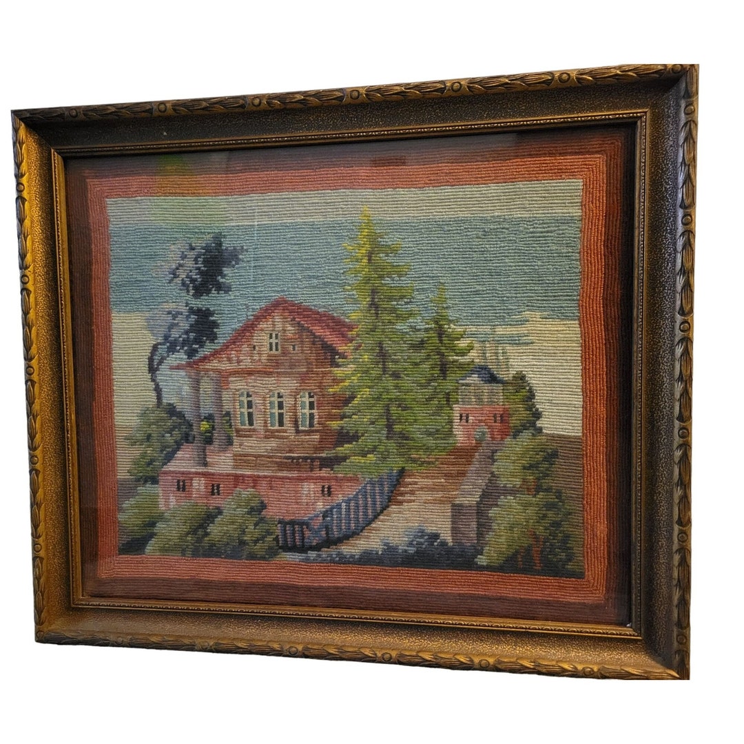 Framed Needlepoint, Cabin in the Woods Landscape Scene, 18x20" - Etsy