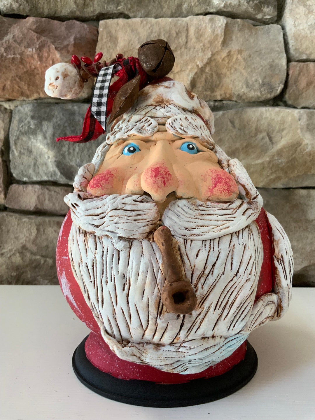 Hand Sculpted on A Gourd Whimsical Santa With A Pipe in His Pouty Lips ...