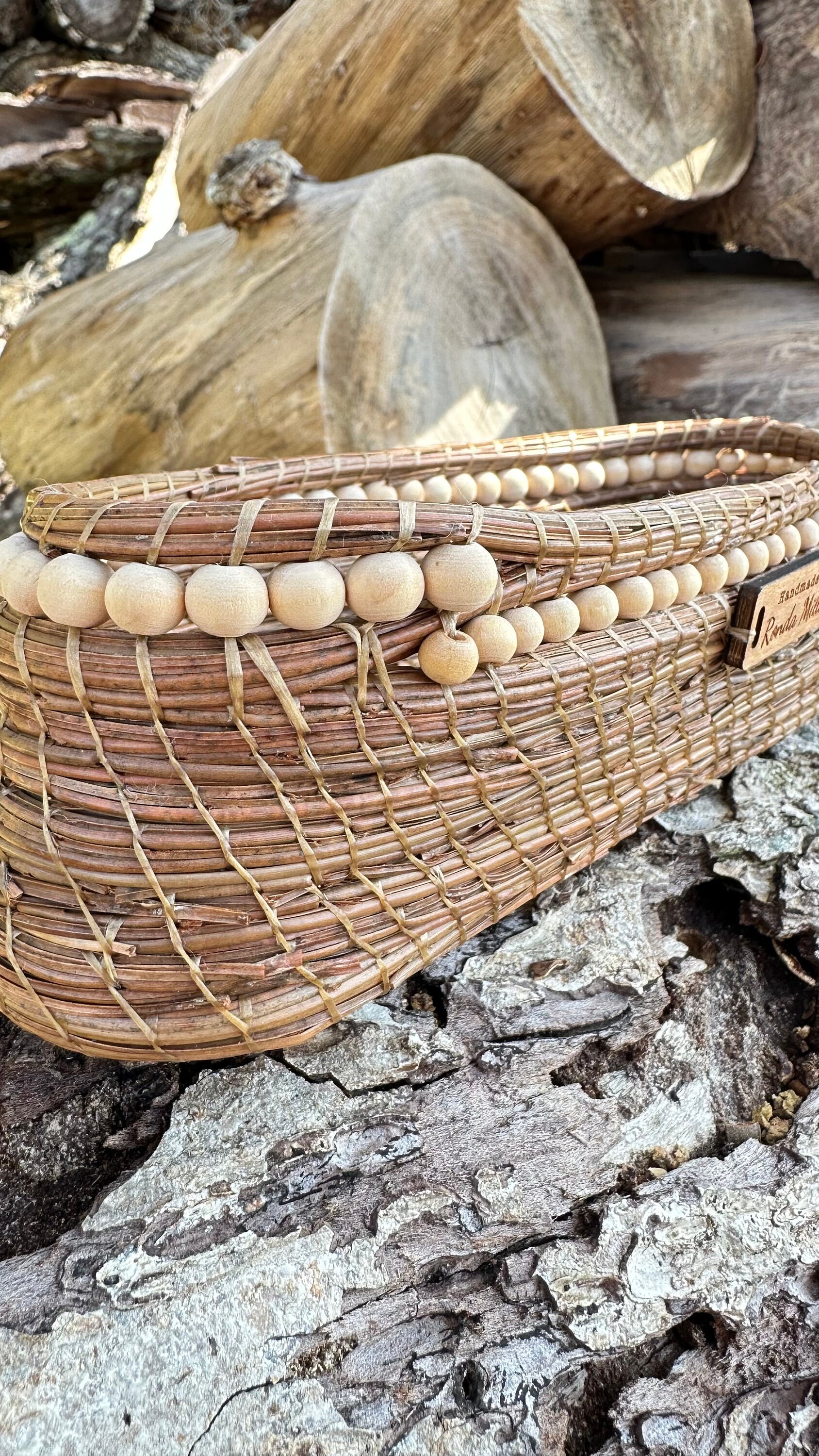 Handmade Pine Needle Coiled Needle Basket With Decorative Wood Bottom ...