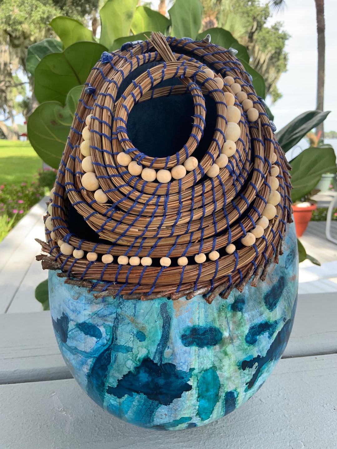 Handmade Art Pine Needles Coiled on A Gourd With Beads- Blues, Turqoise ...
