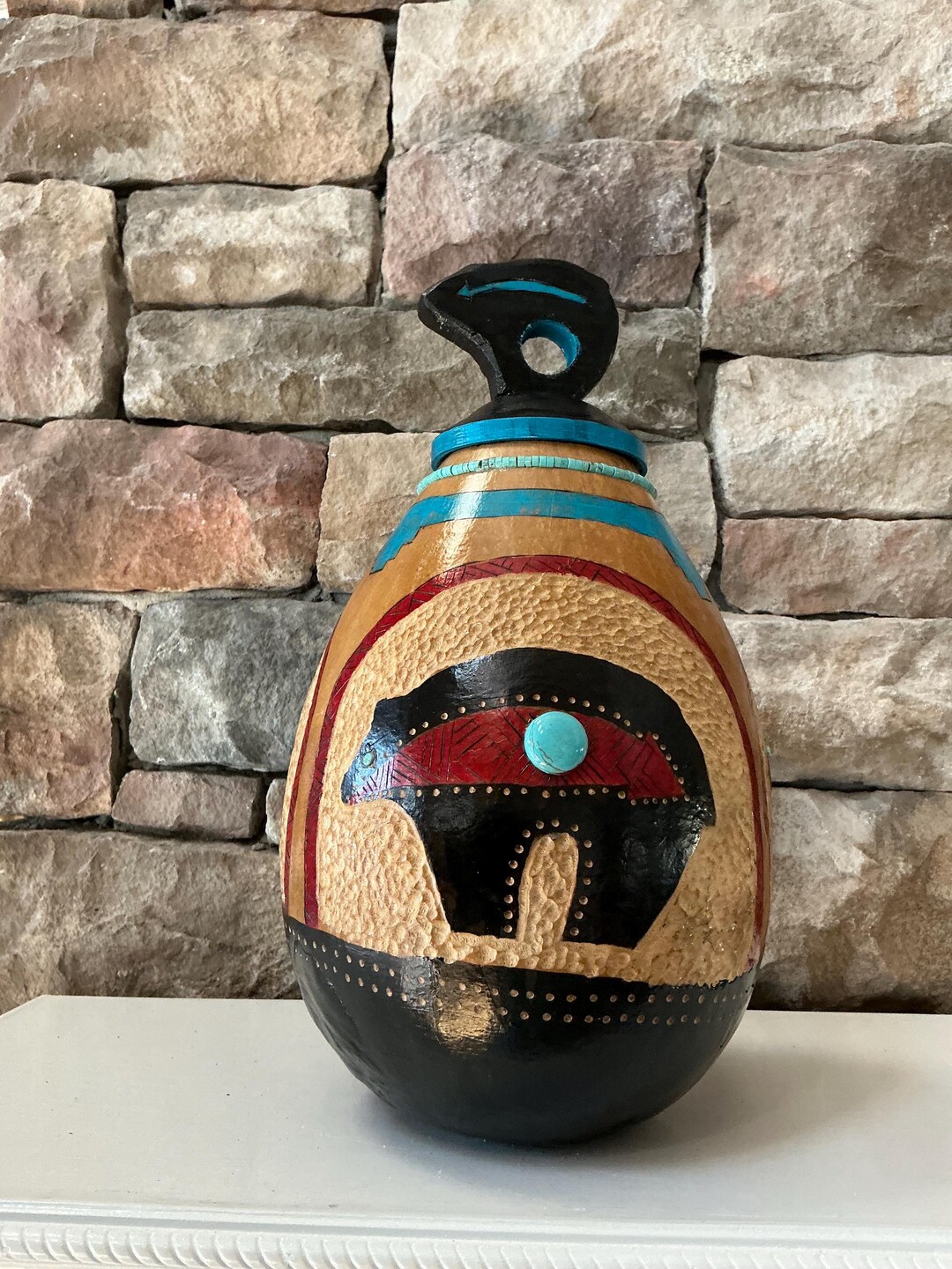 Handmade South Western Gourd With Bears, Lid, and Inlaid Stoned Gourd ...