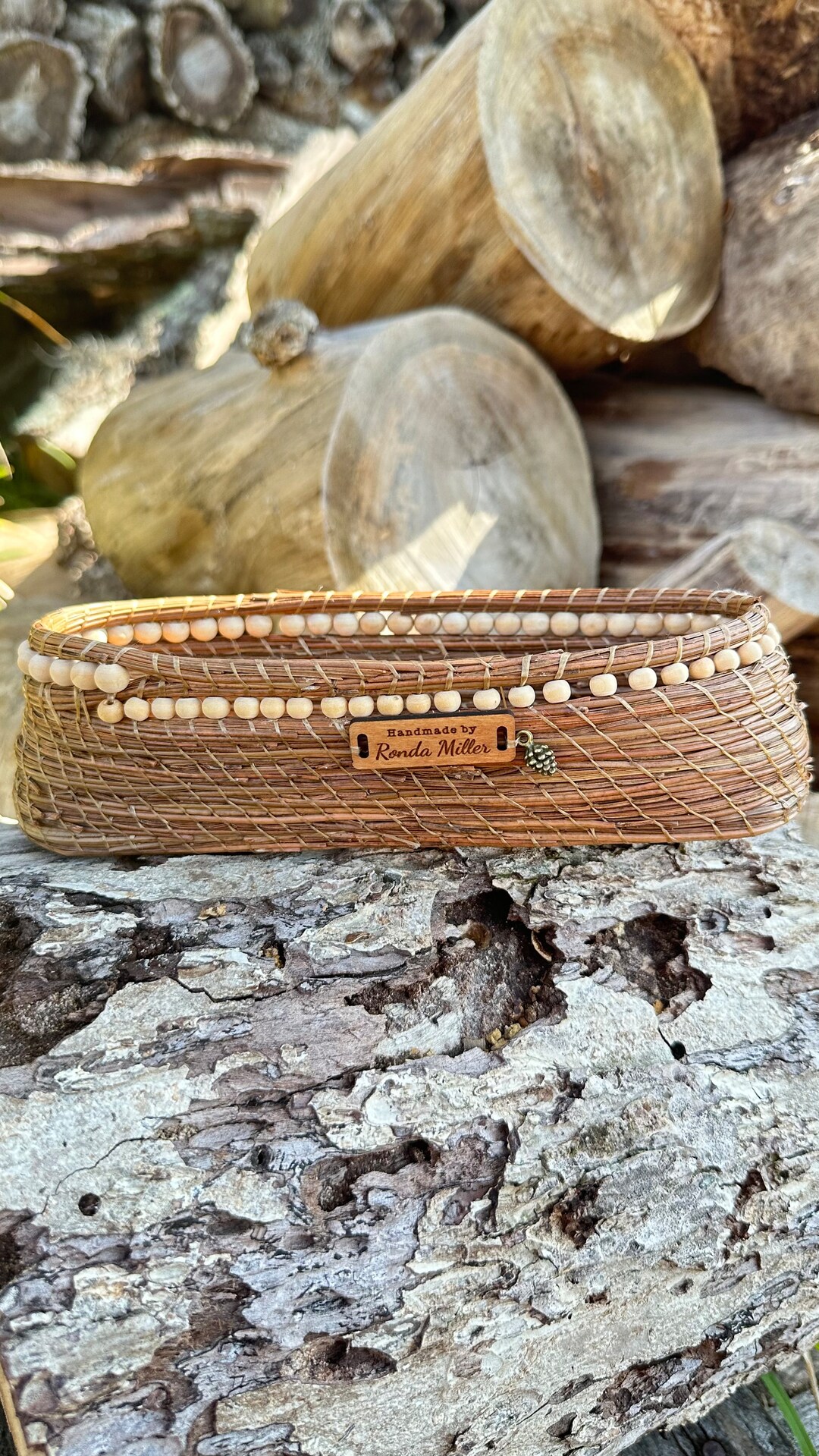 Handmade Pine Needle Coiled Needle Basket With Decorative Wood Bottom ...