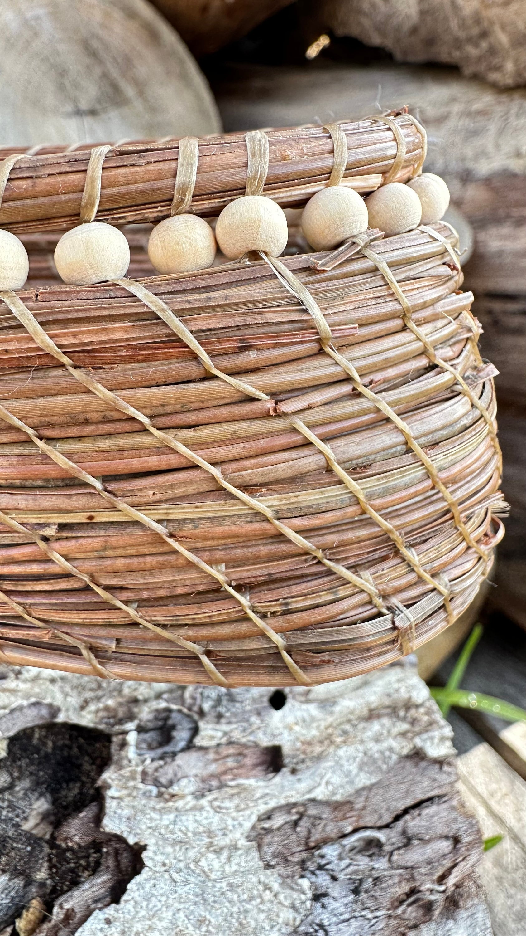 Handmade Pine Needle Coiled Needle Basket With Decorative Wood Bottom ...