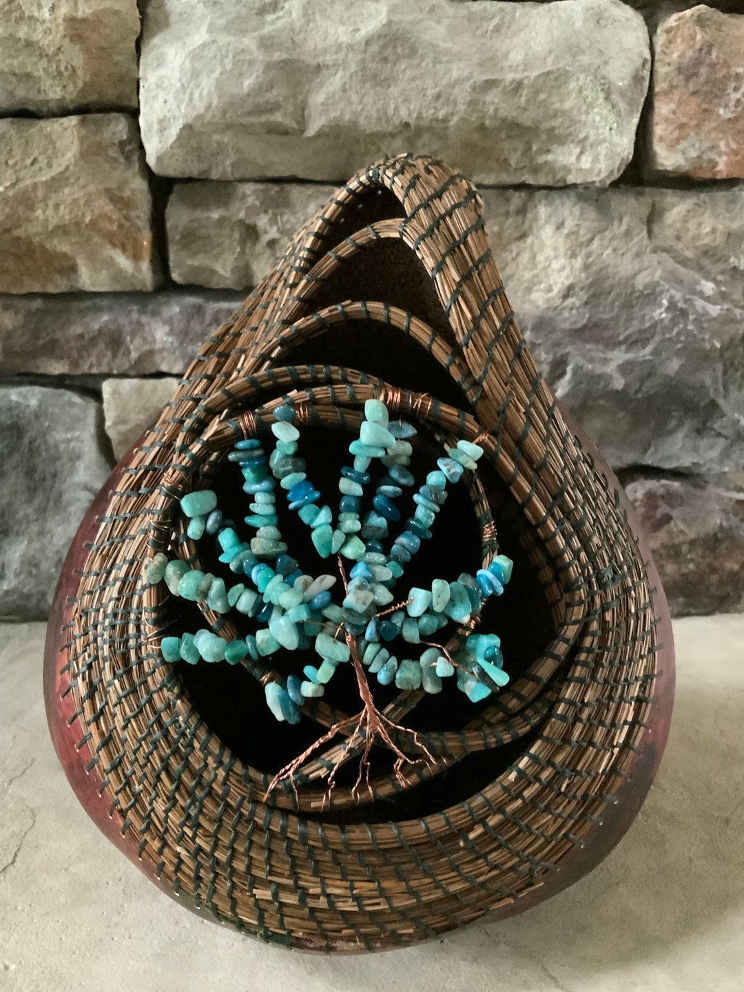 Gourd Art With Pine Needle Coiling-gem Stone Chips, and Drangonfly-handmade - Etsy