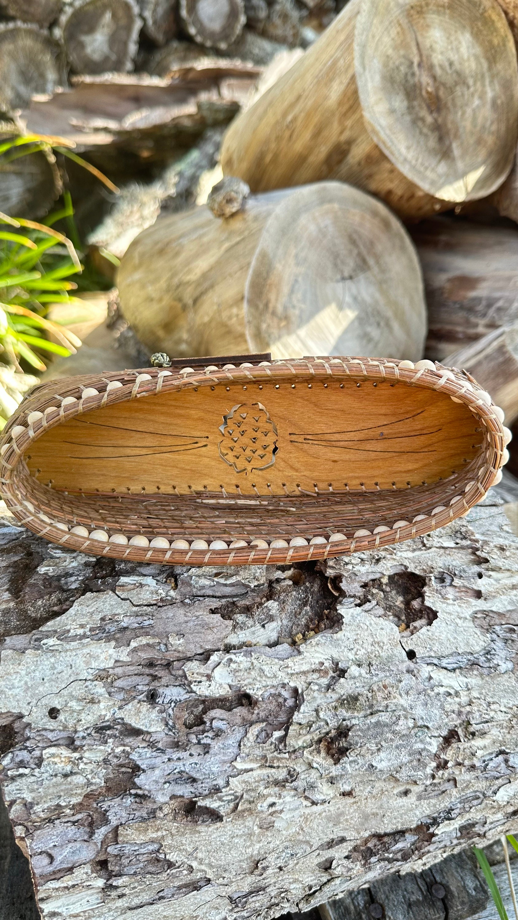 Handmade Pine Needle Coiled Needle Basket With Decorative Wood Bottom ...