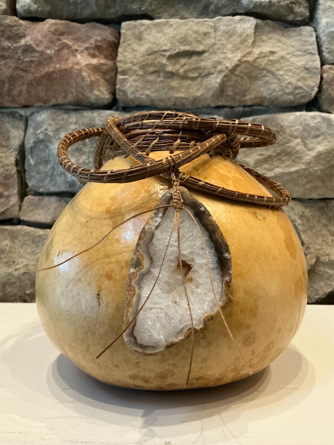 Original Gourd Art With Coiled Pine Needles, and Sliced Gemstone ...