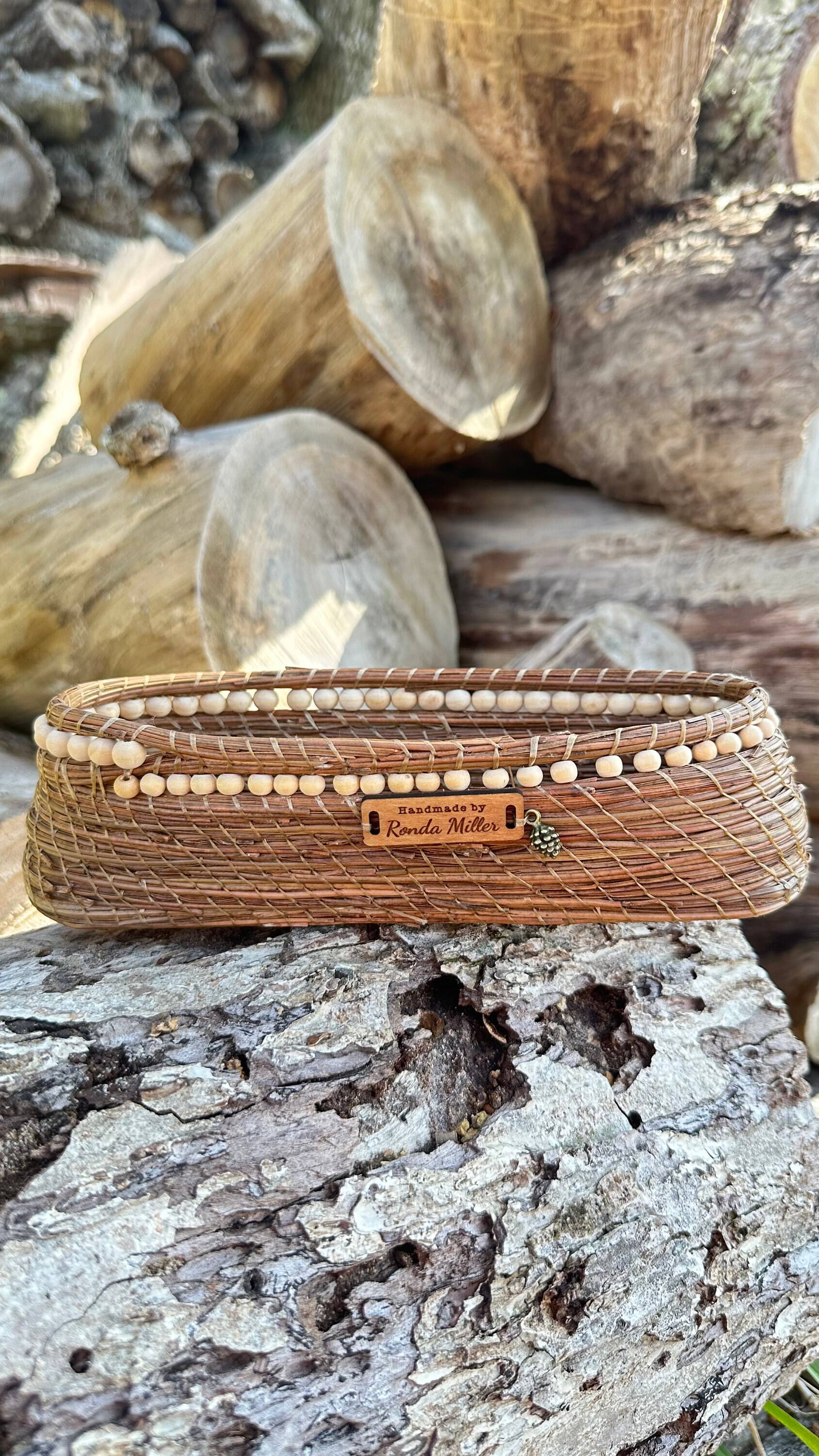 Handmade Pine Needle Coiled Needle Basket With Decorative Wood Bottom ...