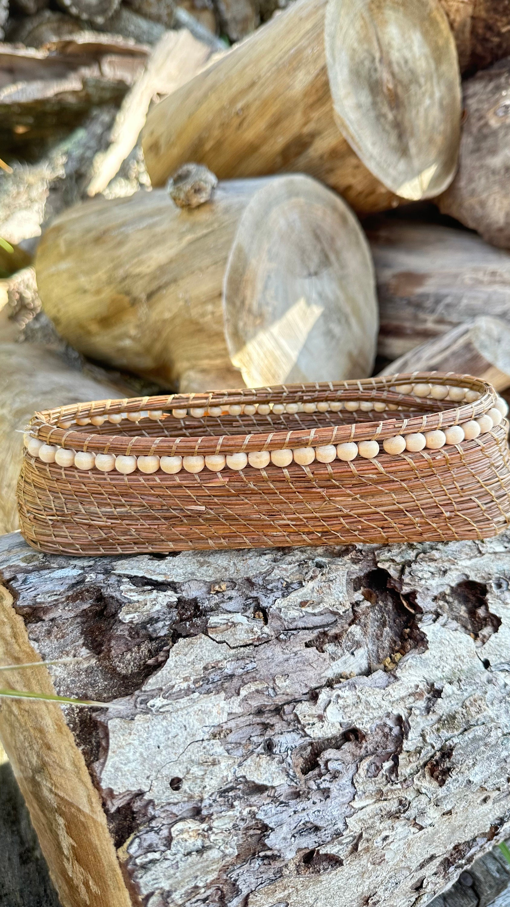 Handmade Pine Needle Coiled Needle Basket With Decorative Wood Bottom ...