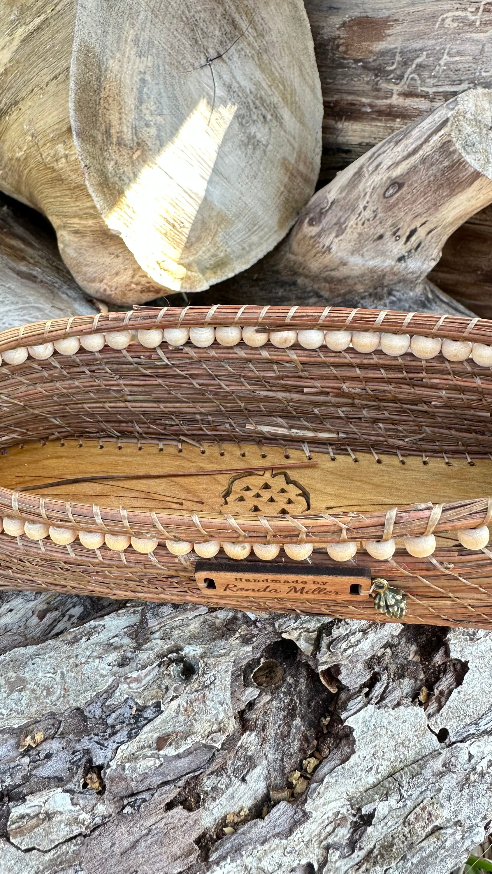 Handmade Pine Needle Coiled Needle Basket With Decorative Wood Bottom ...