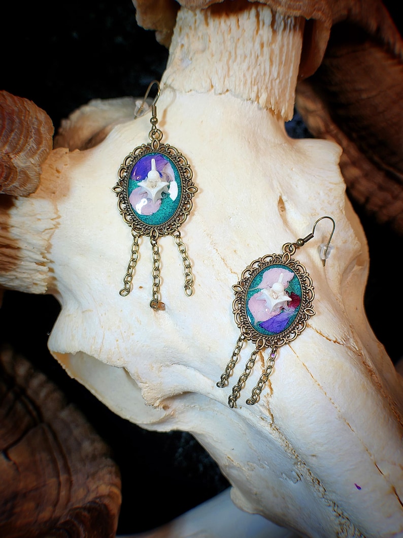Lucky Gothic Green Dangle Earrings With Real Snake Vertebrae, Floral ...