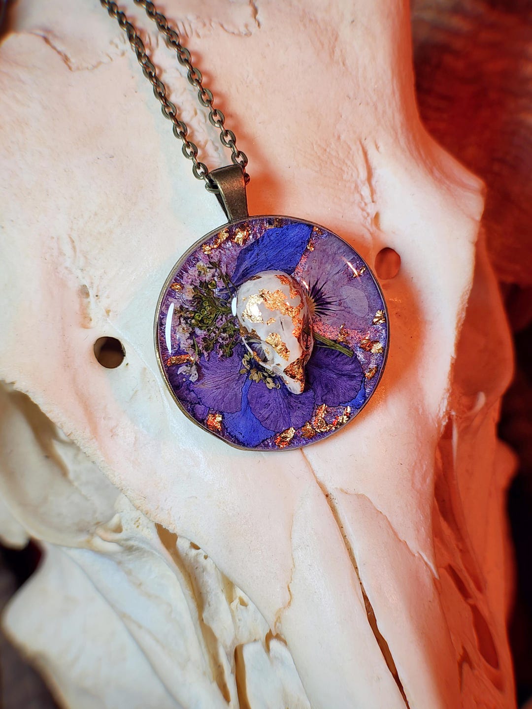 Morgana - Arthurian Skull Necklace With Purple Flowers & Gold Leaf ...