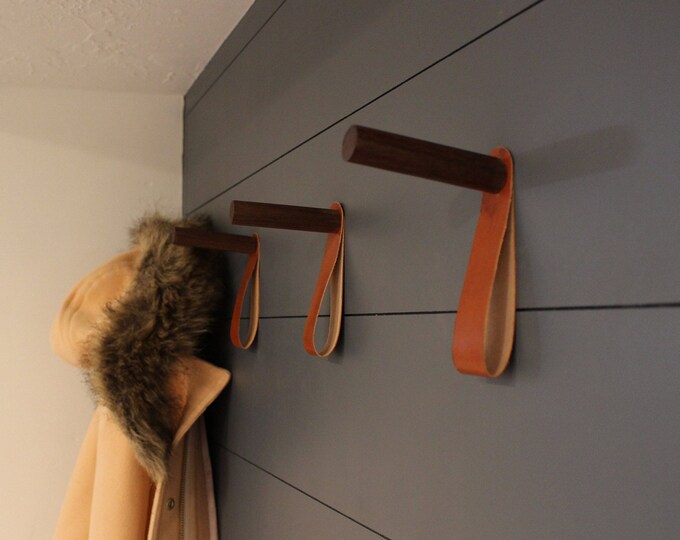Leather Strap Walnut, Oak or Maple Dowel Coat Hook/ Coat Hanger ...
