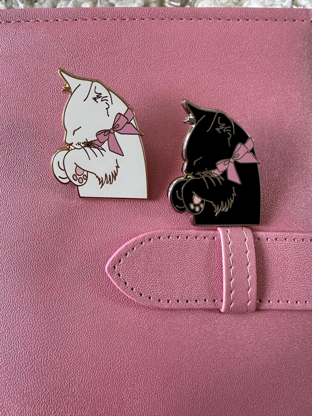 Sleeping Kitty Enamel Pin - Coquette Cat - Pink Ribbon Bow - Gold ...