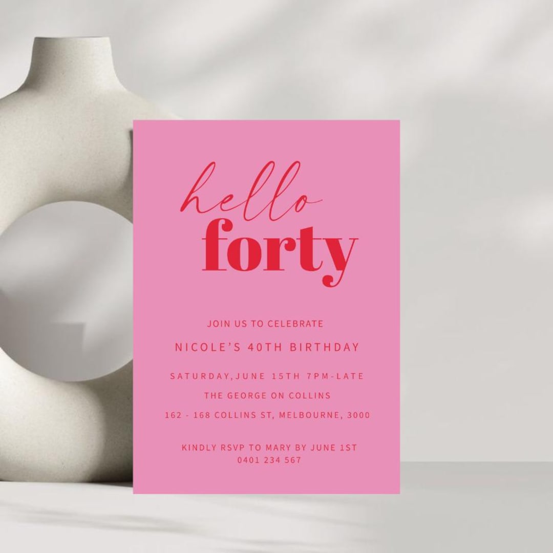 Hello Forty Invitation | Hello Forty Minimal 40th Invitation Pink and ...