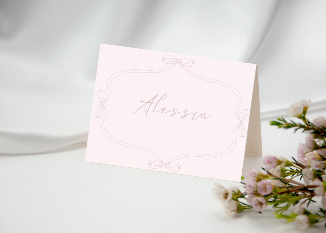 Minimalist Pink Bow Place Card Template - Editable Name Card for Baby ...