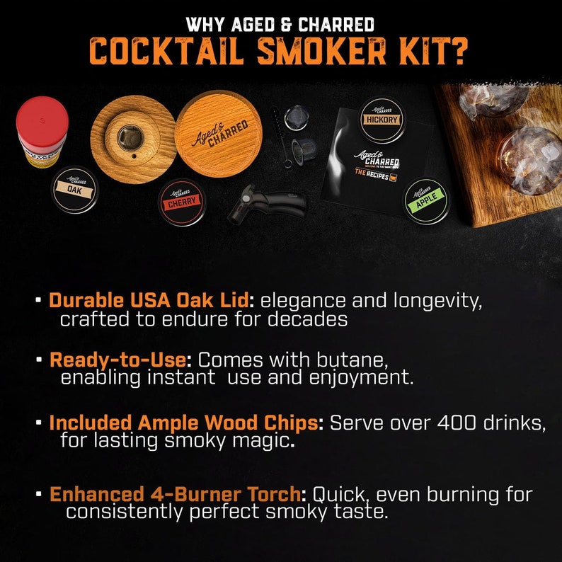 Premium Cocktail Smoker Kit With Torch, Wood Chips, Wood Box, USA Oak ...