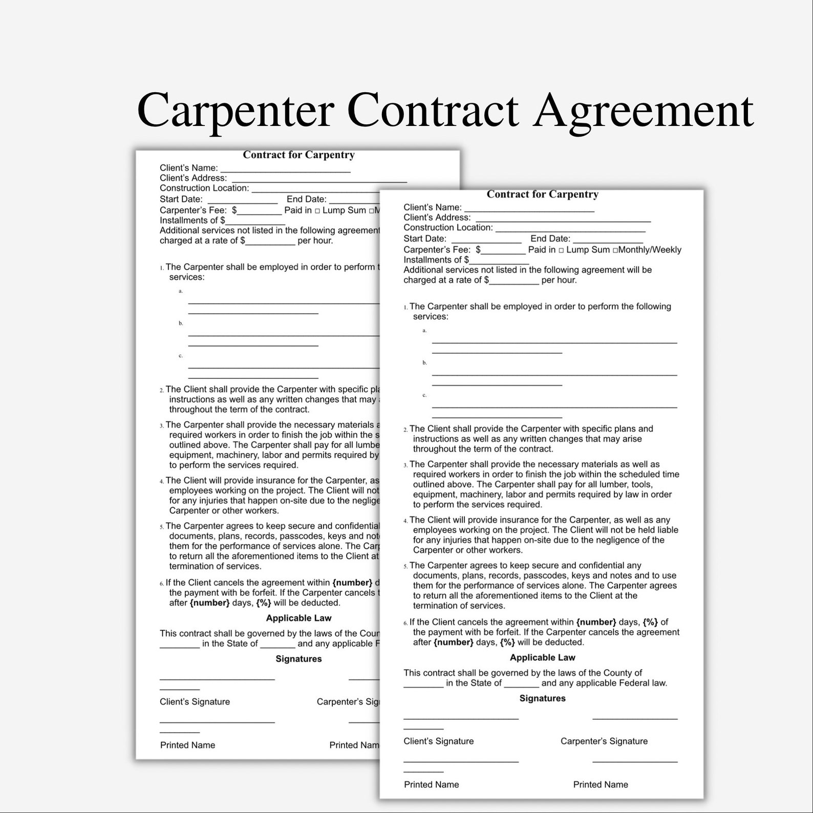 Carpenter Contract Agreement Carpenter Contractor Agreement - Etsy