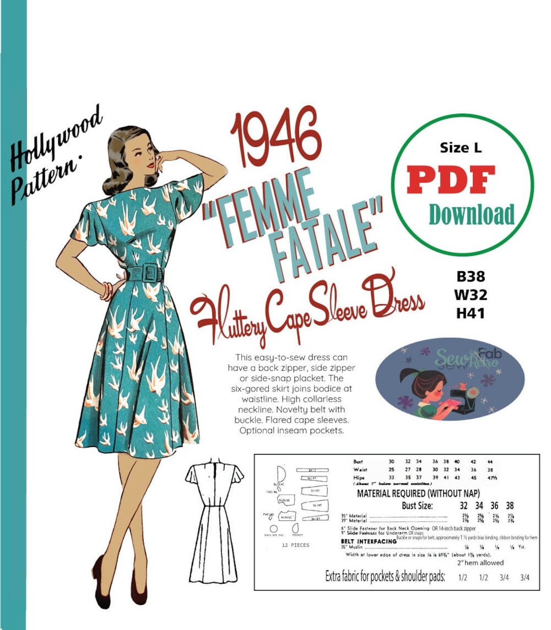 Sz L PDF Download B38 1946 Flutter Cape Sleeve Dress Beginner Sewing ...