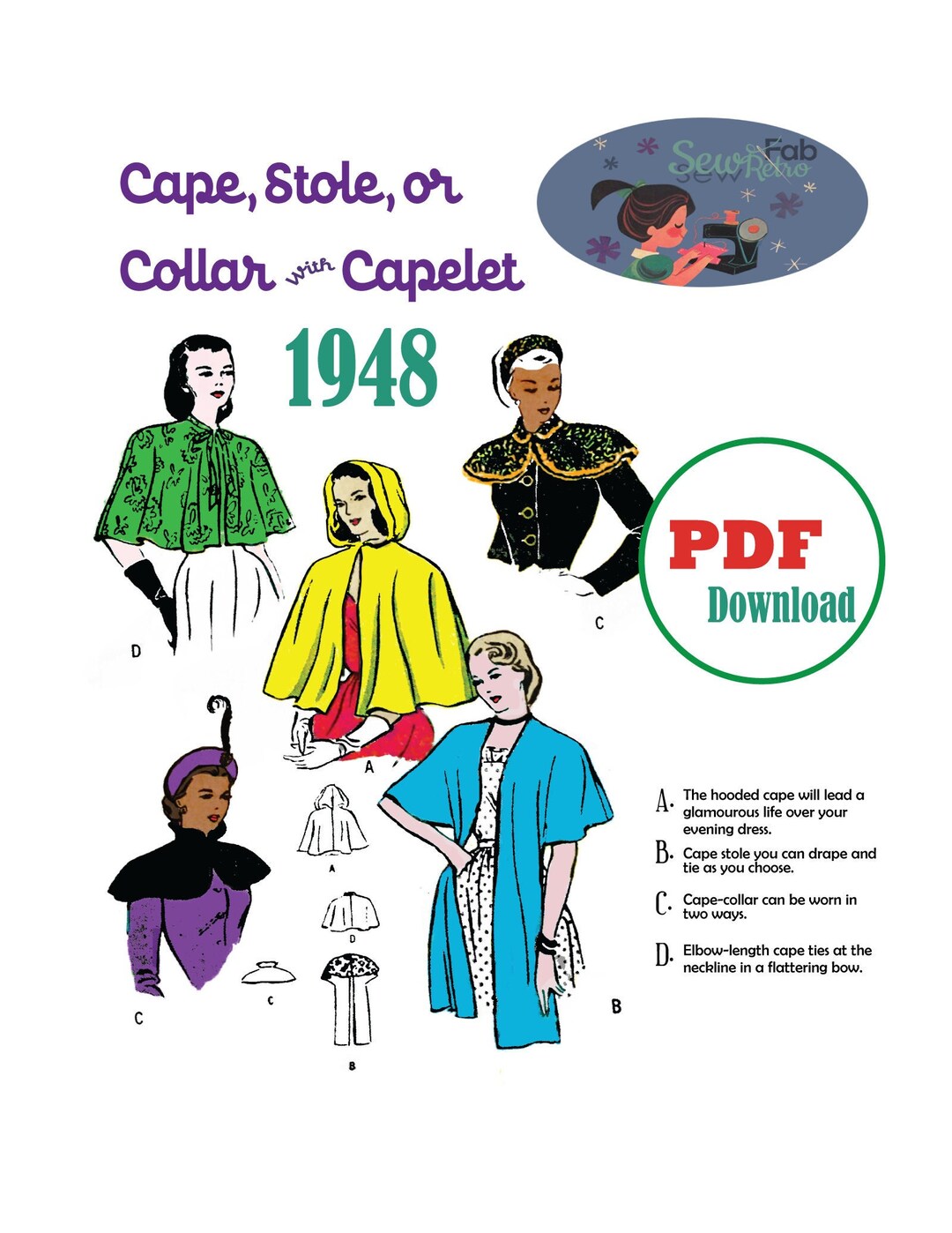 1948 Cape With Hood, Stole, Collar With Capelet Sewing Pattern PDF ...