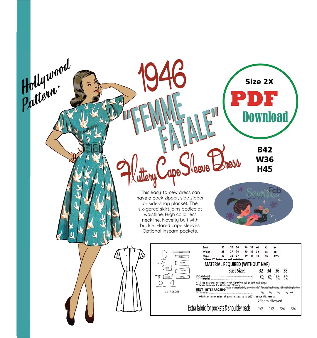 Sz B42 PDF Download 1946 Flutter Cape Sleeve Dress Beginner Sewing ...