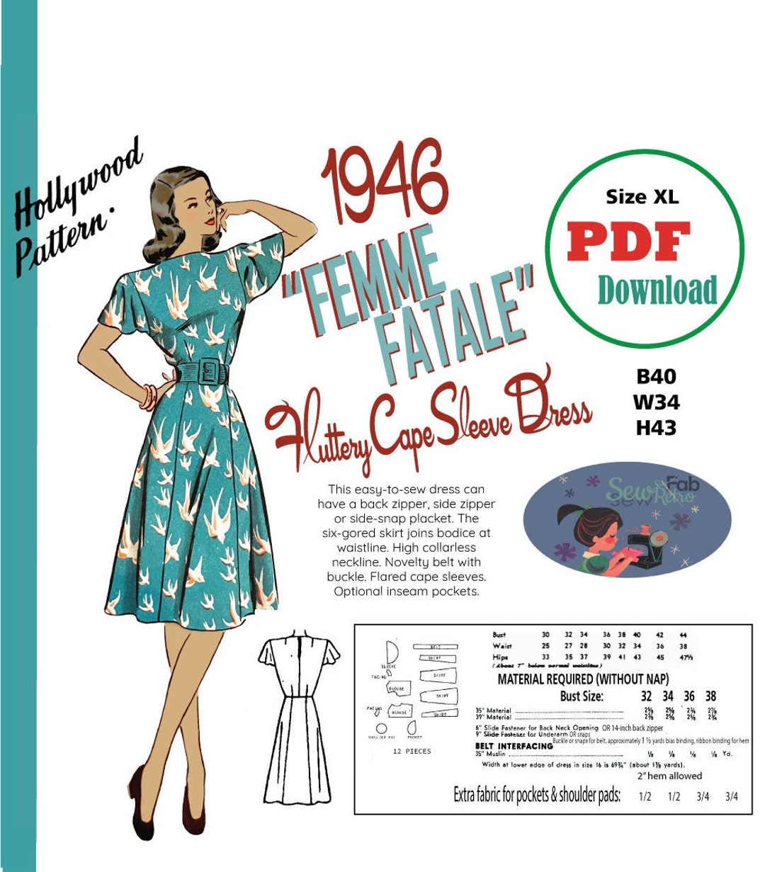 Sz XL B40 PDF Download 1946 Flutter Cape Sleeve Dress Beginner Sewing ...