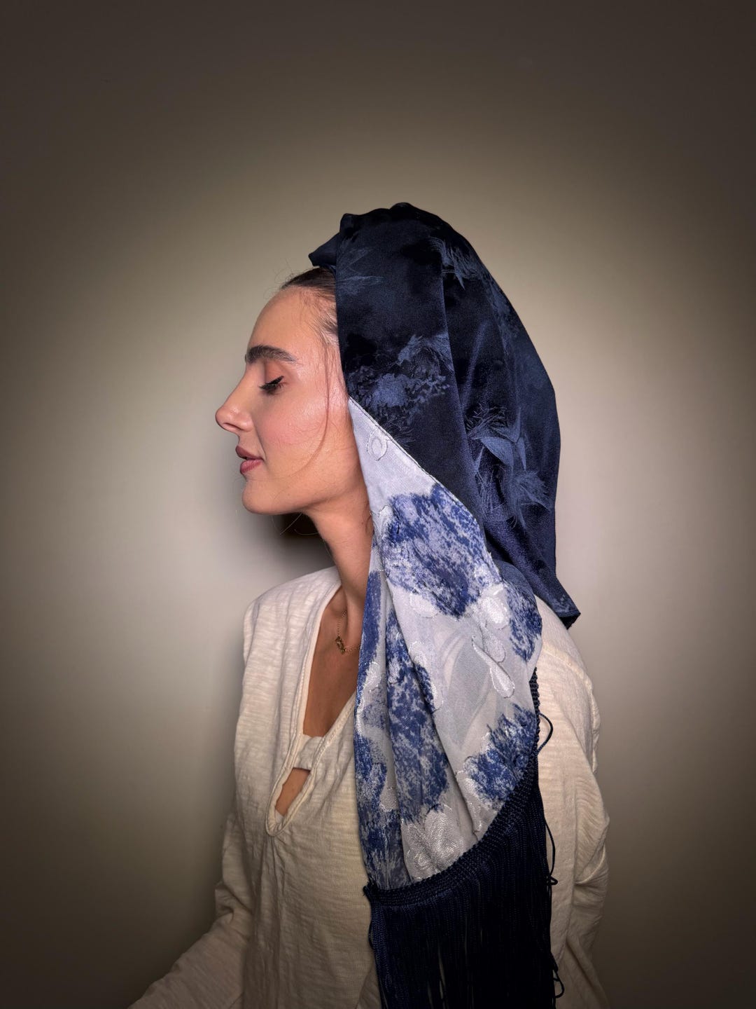 Elegant Blue Two-fabric Tichel Head Scarf With Fringe, Navy Special ...