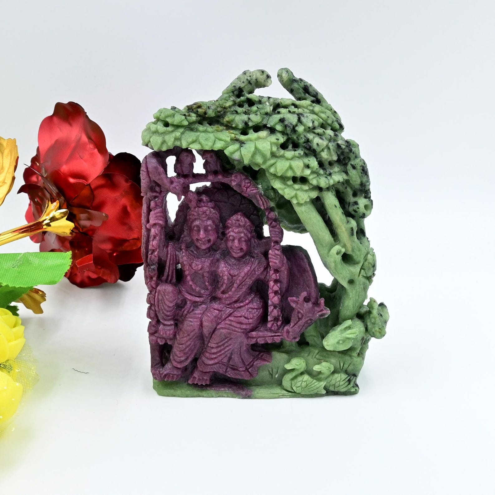 Natural Ruby Zoisite Carving Stone Handmade Radha Krishna Carved Green ...