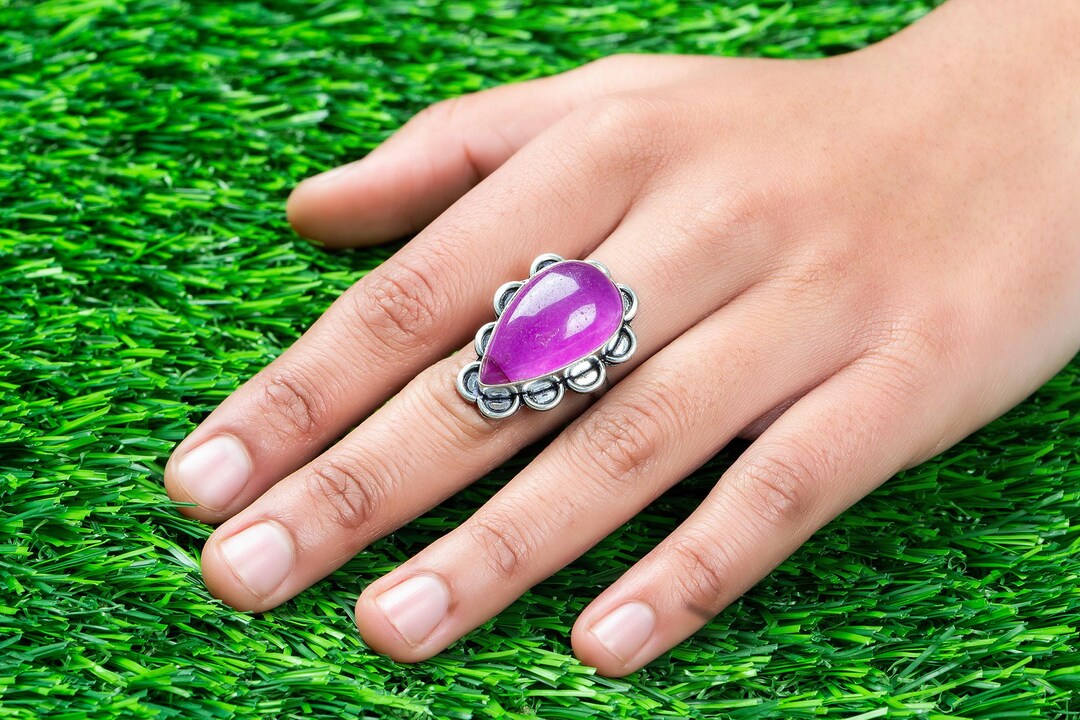Natural Purple Amethyst Ring Pear Shape Stone Brass Ring Handmade ...