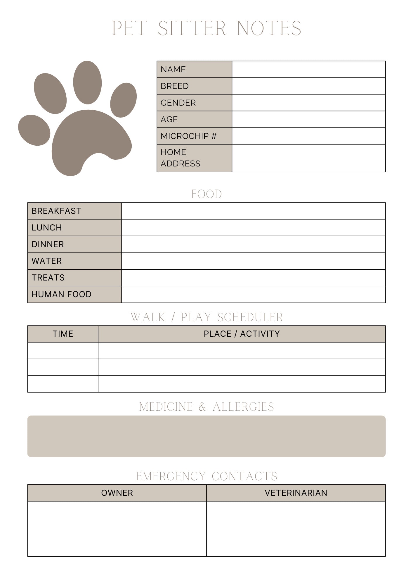 Pet Sitter Notes - Digital Download - Etsy